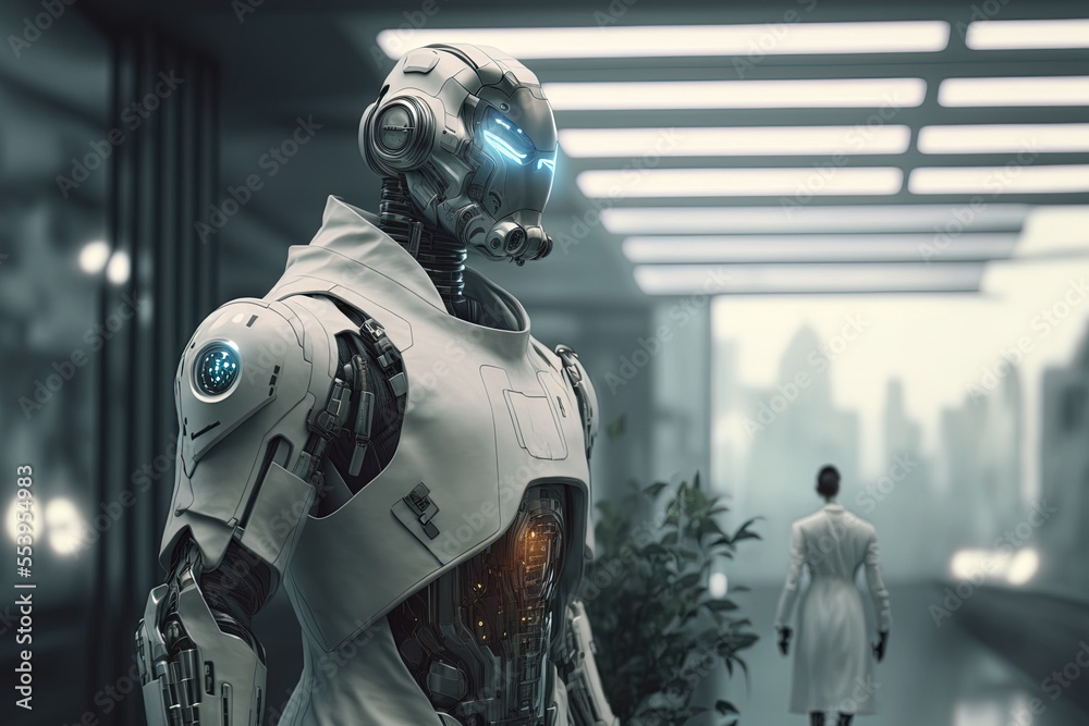 Cyberpunk scientific cyborg robot wearing white coat, concept art ...