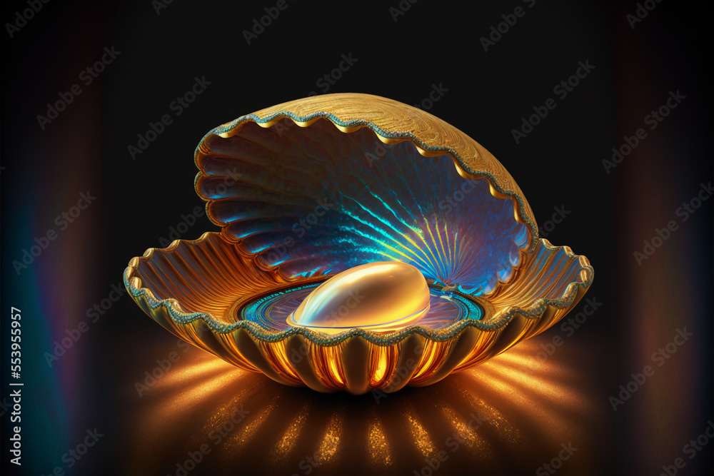 iridescent golden clam with pearl, generative ai composite Stock ...