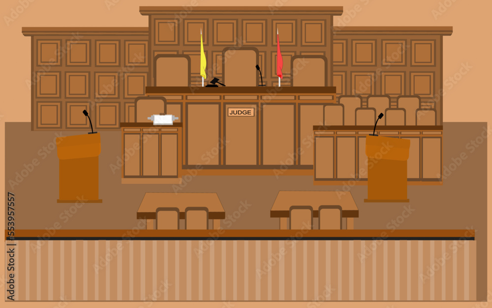 Court Room Interior with Judge or Jury Table, Flag and Wooden Judge's ...