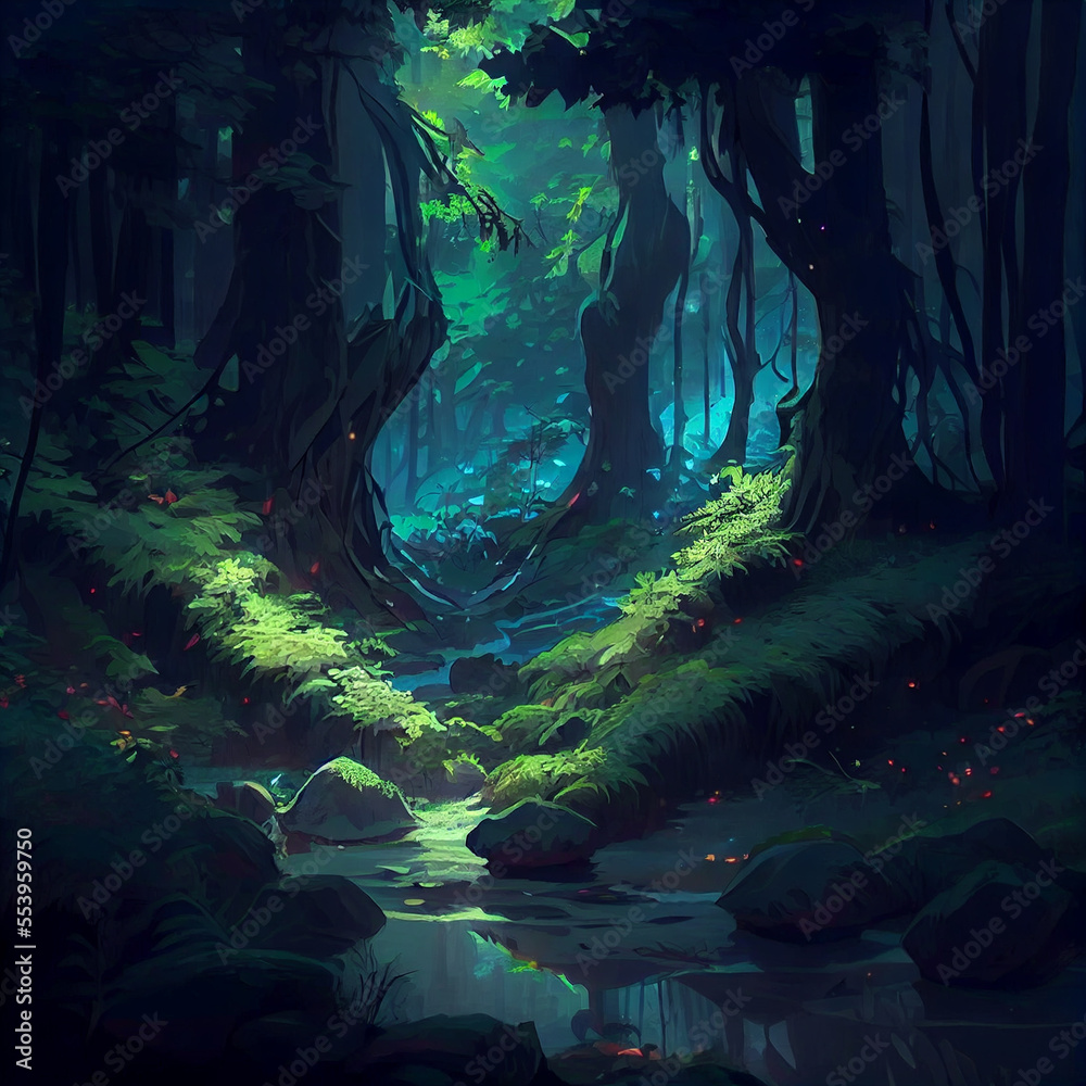 green fantasy forest in the night fantasy art, 2d game art ilustração ...