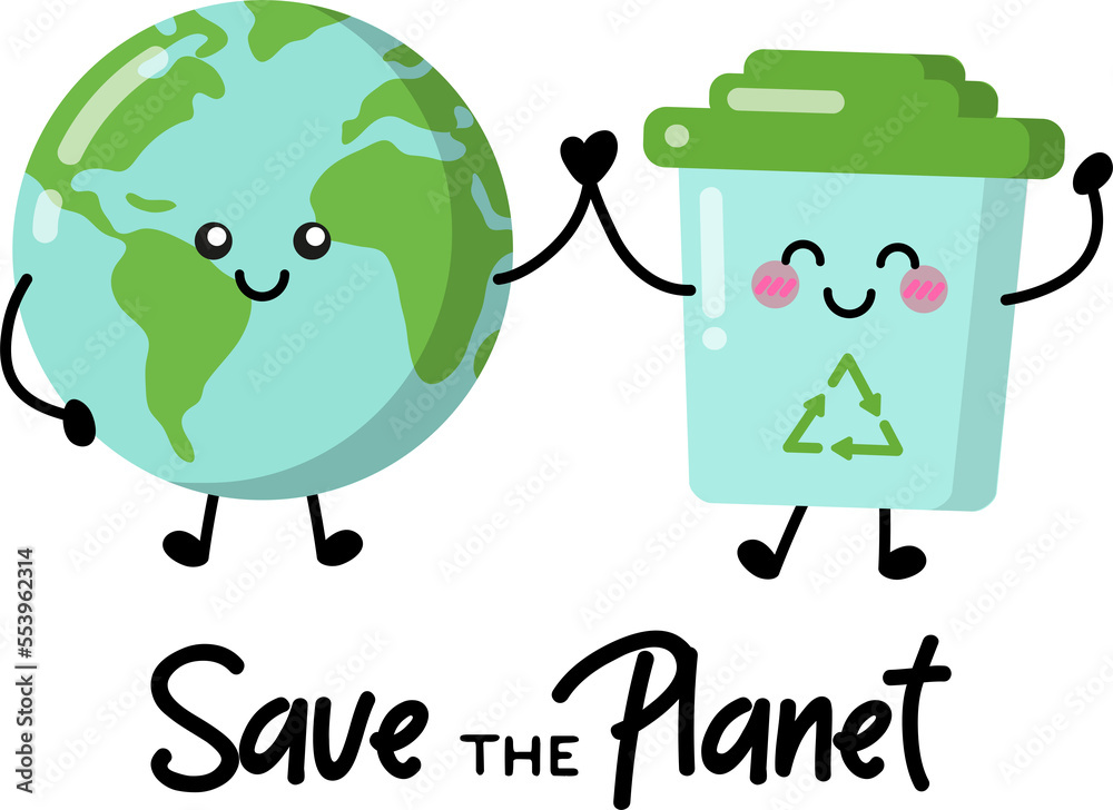 Earth planet and trash bin for patches, badges, stickers, posters. Cute ...
