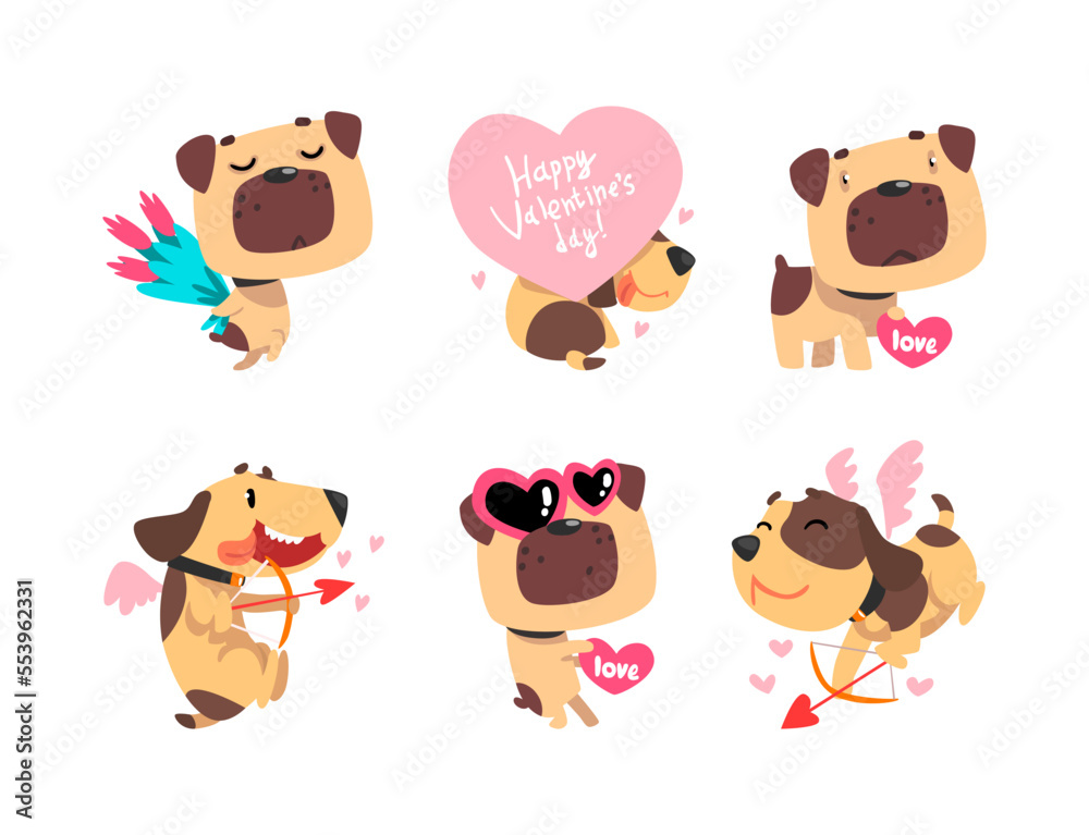 Funny Pug and Jack Russell Terrier Dog with Valentine Heart, Bow with ...