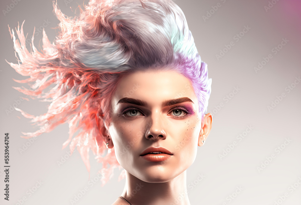 Beautiful woman with modern multi coloured hairstyle. model pose with ...