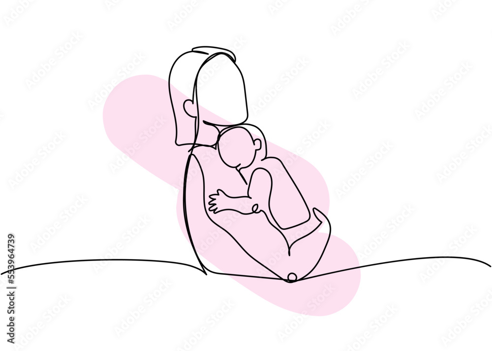 Mom rocking the baby in her arms one line art with colorful elements ...