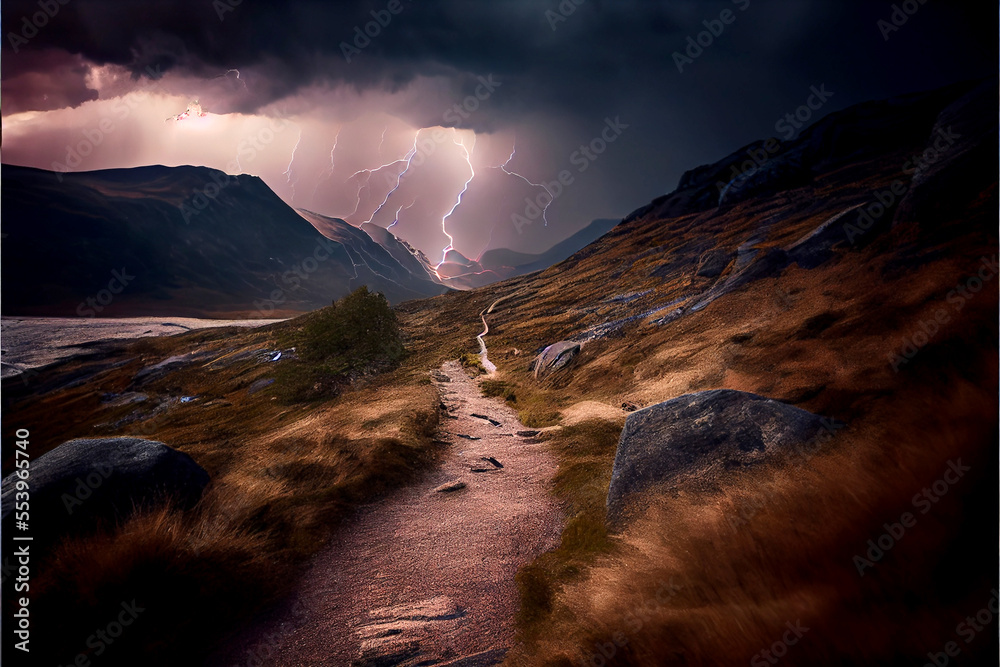 Generative AI abstract render of an alpine fantasy landscape in a ...