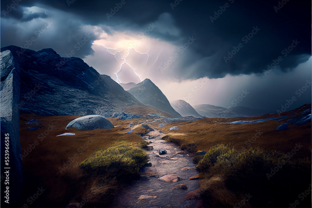 Generative AI abstract render of an alpine fantasy landscape in a ...