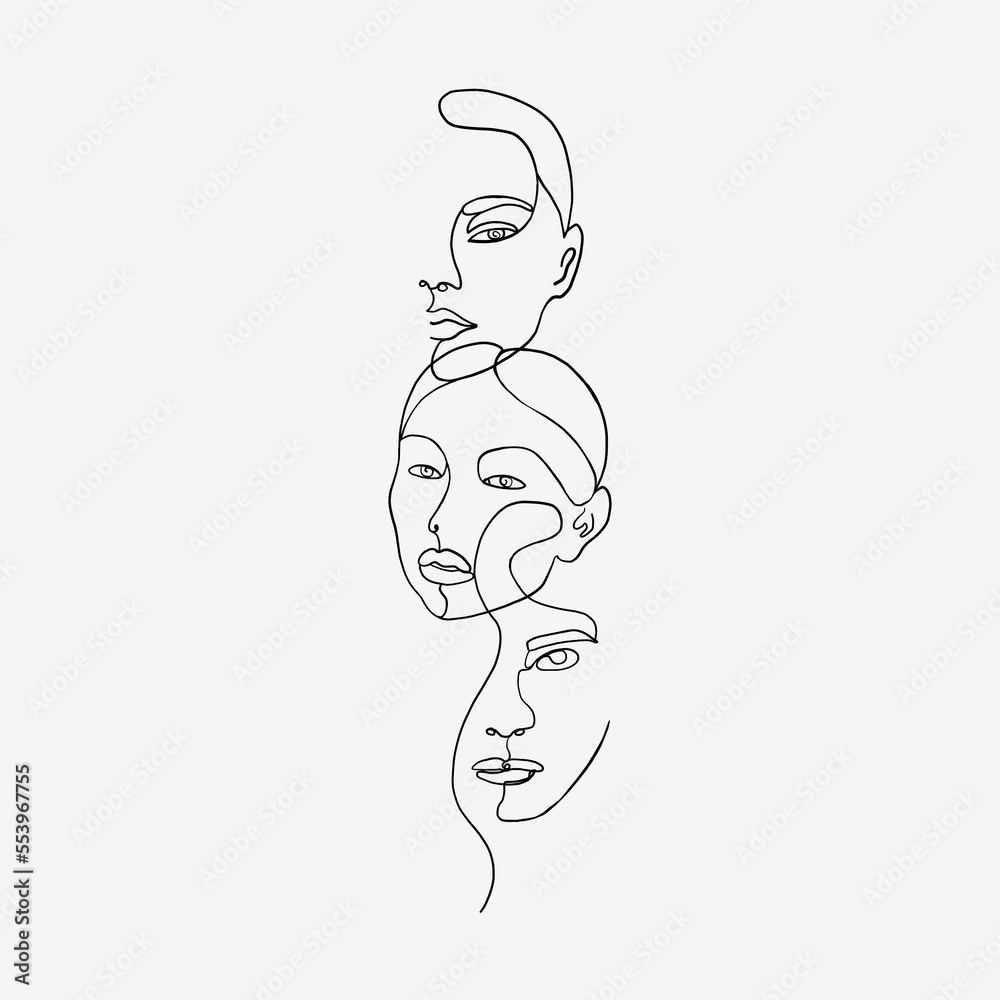 Set Of Three Abstract Face One Line Drawing Portrait Minimalistic