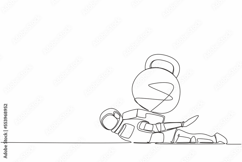 Single one line drawing young astronaut under heavy kettlebell burden ...
