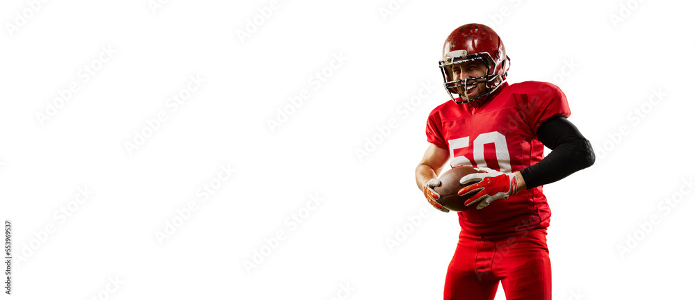 Flyer with professional american football player in sports uniform and ...
