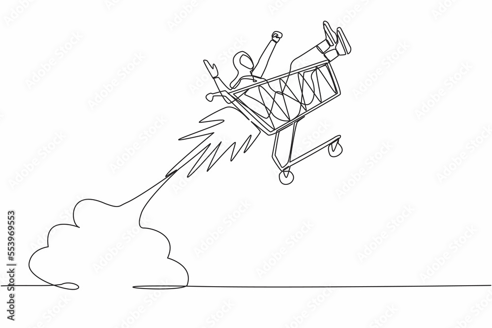 Single one line drawing Arab businesswoman riding trolley cart rocket ...