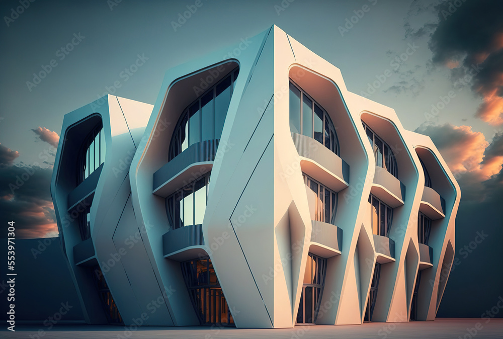 Modern building facade with curved walls and angular windows ...