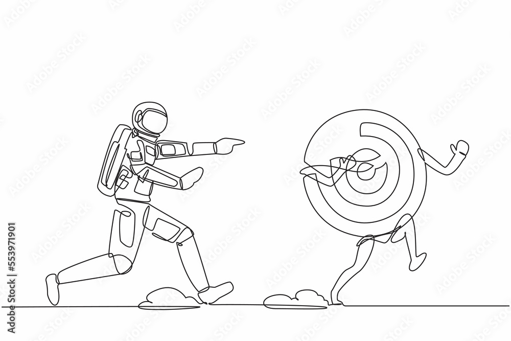 Continuous one line drawing young astronaut chase dartboard target in ...
