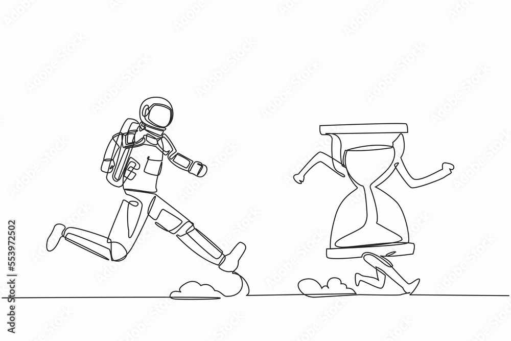Continuous one line drawing of young astronaut run chasing hourglass in ...