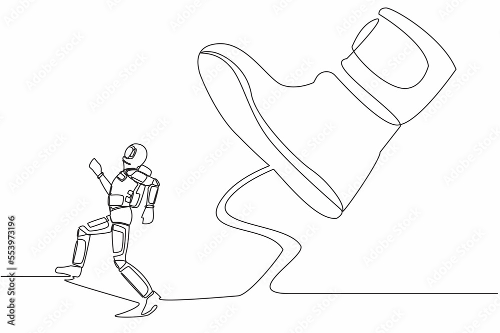 Continuous one line drawing young astronaut run away from stomping foot ...