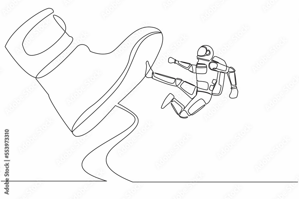Continuous one line drawing young astronaut kick giant foot stomp in ...