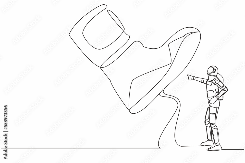 Continuous one line drawing young astronaut facing against giant shoes ...