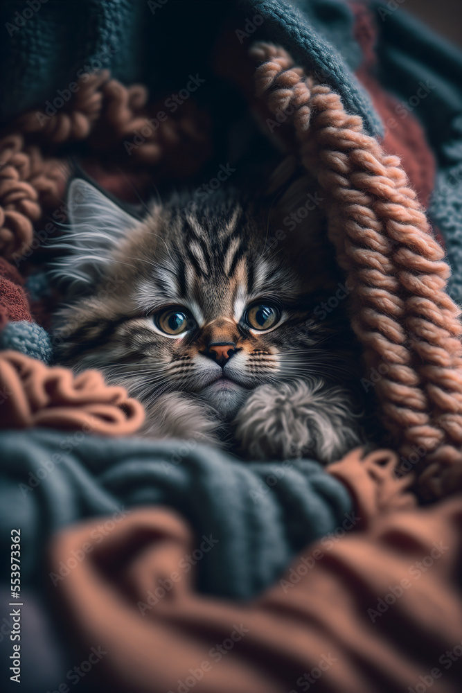 Adorable fluffy tabby cat kitten swaddled snugly in a woolly cosy ...