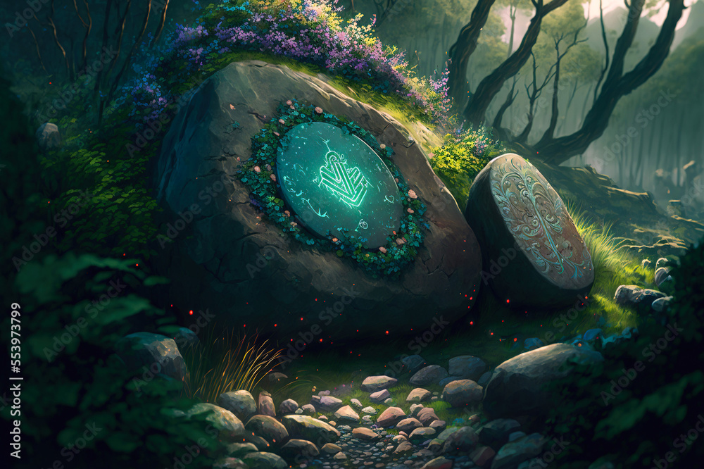 Magical ancient magical rune stone, digital painting illustration ...