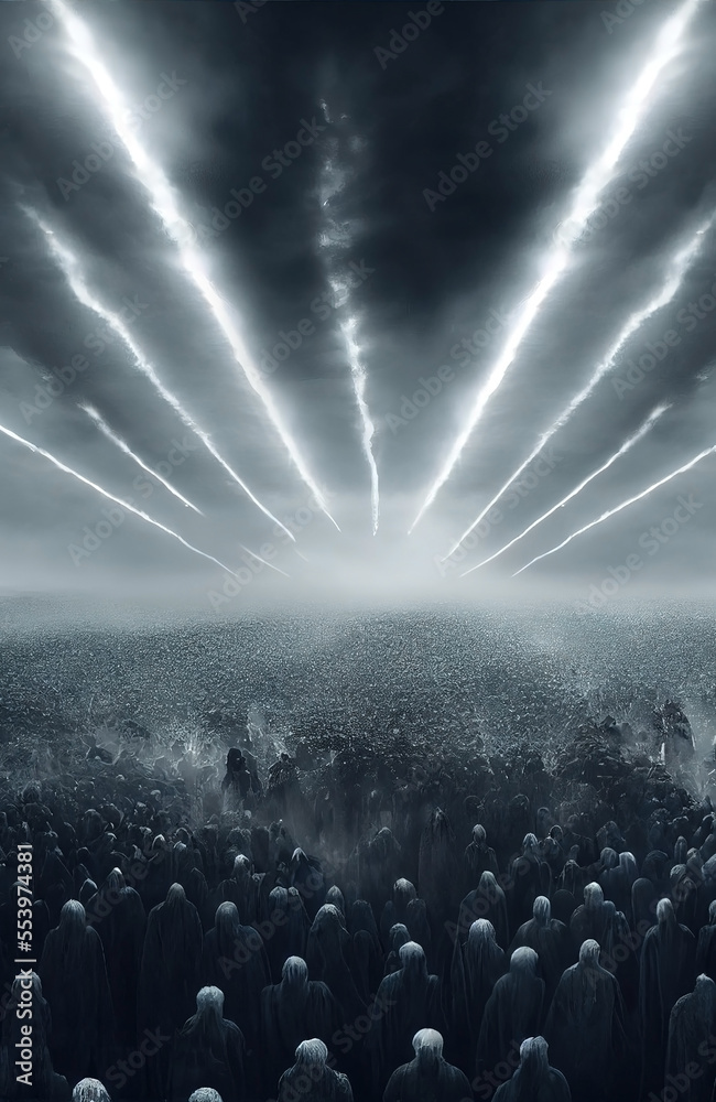 Souls in hell. Purgatory concept art. Stormy dark sky. Souls heading to the light. Lost souls in ...