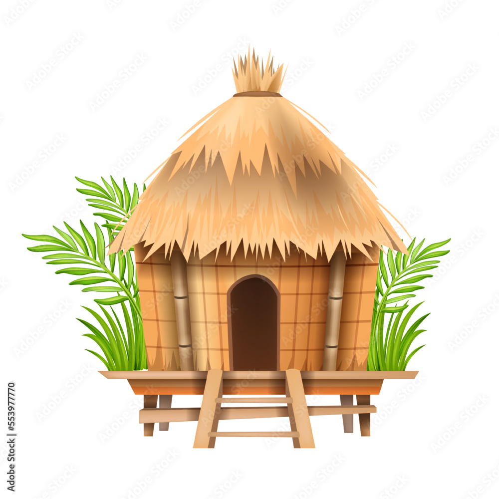 Bungalow hut, straw village African thatched nipa house, vector bamboo ...