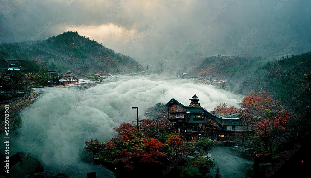 Natural hot spring bath surrounded by mountains, japanese onsen ,made ...