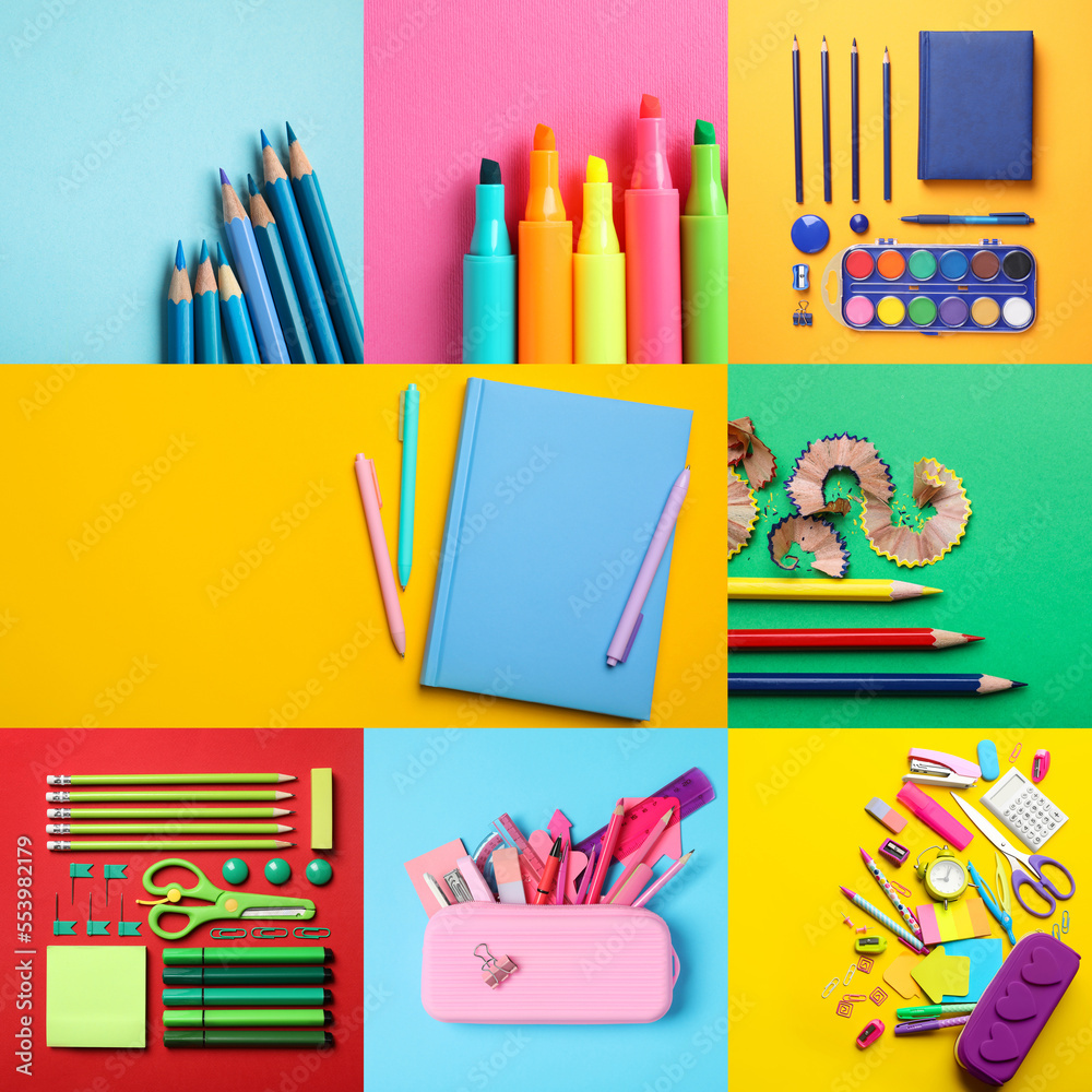Collage with photos of various school stationery on different color ...