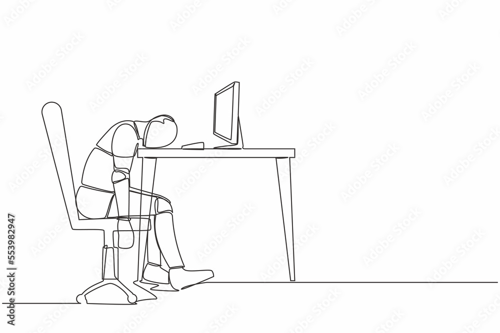 Single one line drawing exhausted sick tired robot sad boring sitting ...