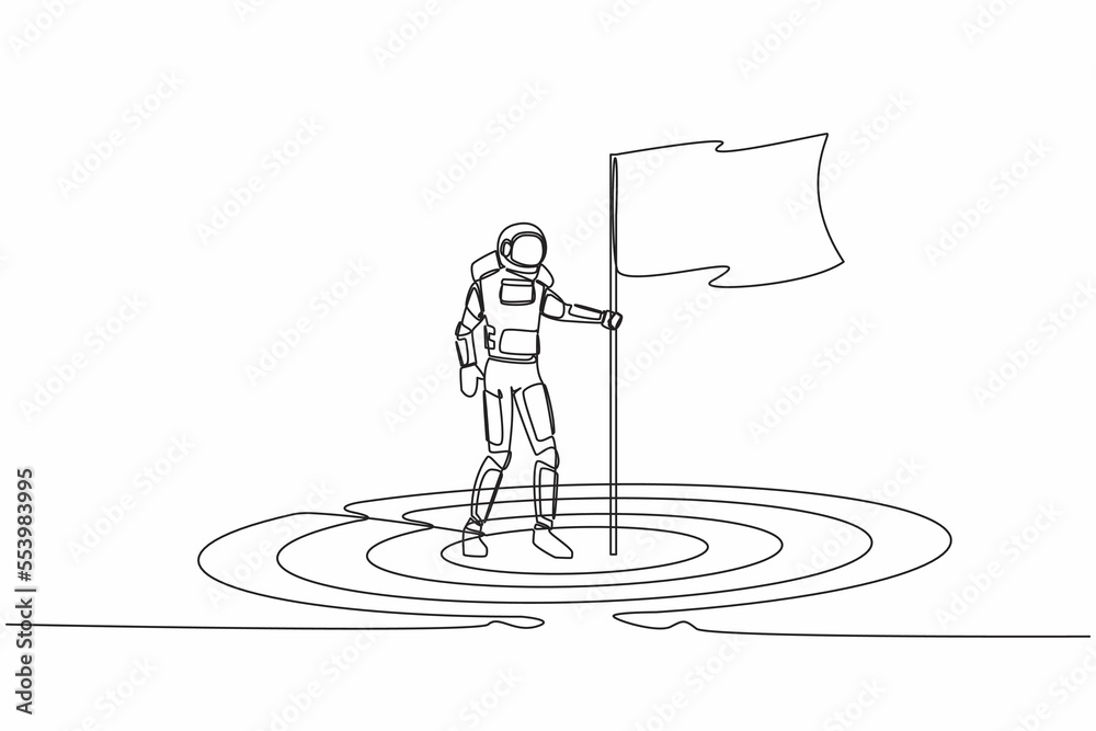 Single continuous line drawing astronaut plant flag in center of target ...