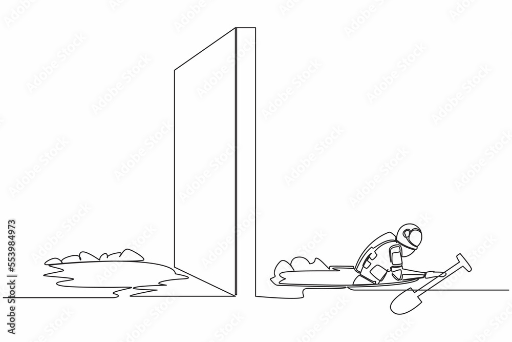 Single one line drawing young astronaut digging tunnel under wall or ...
