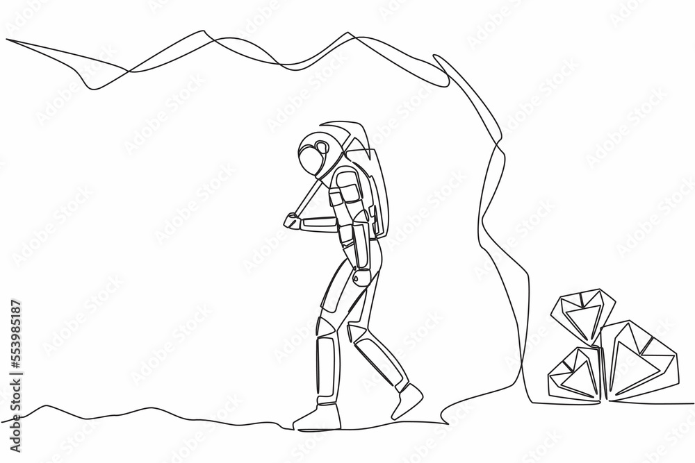 Single one line drawing astronaut give up before reach diamonds. Stop ...