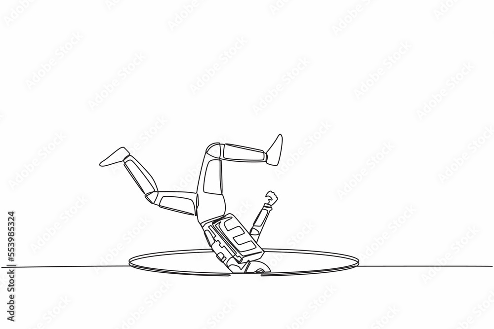 Vetor de Continuous one line drawing astronaut falling into deep hole ...