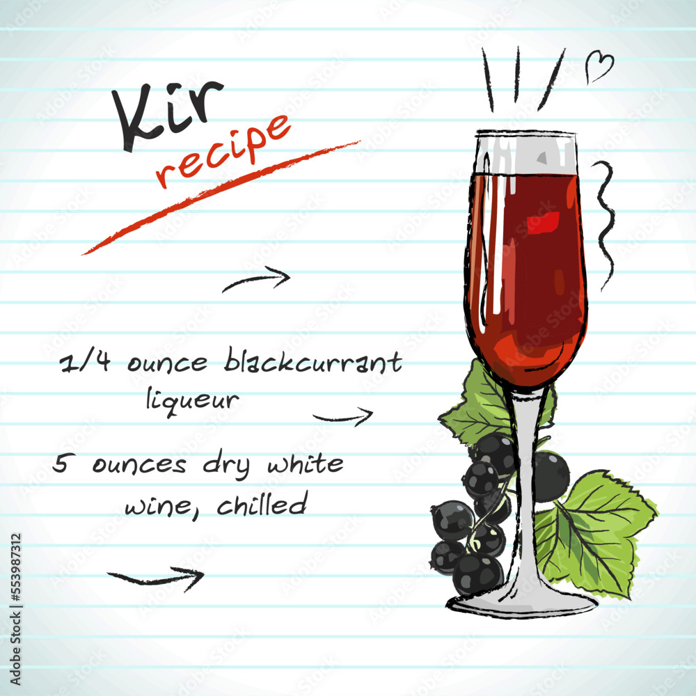 Kir cocktail, vector sketch hand drawn illustration, fresh summer ...