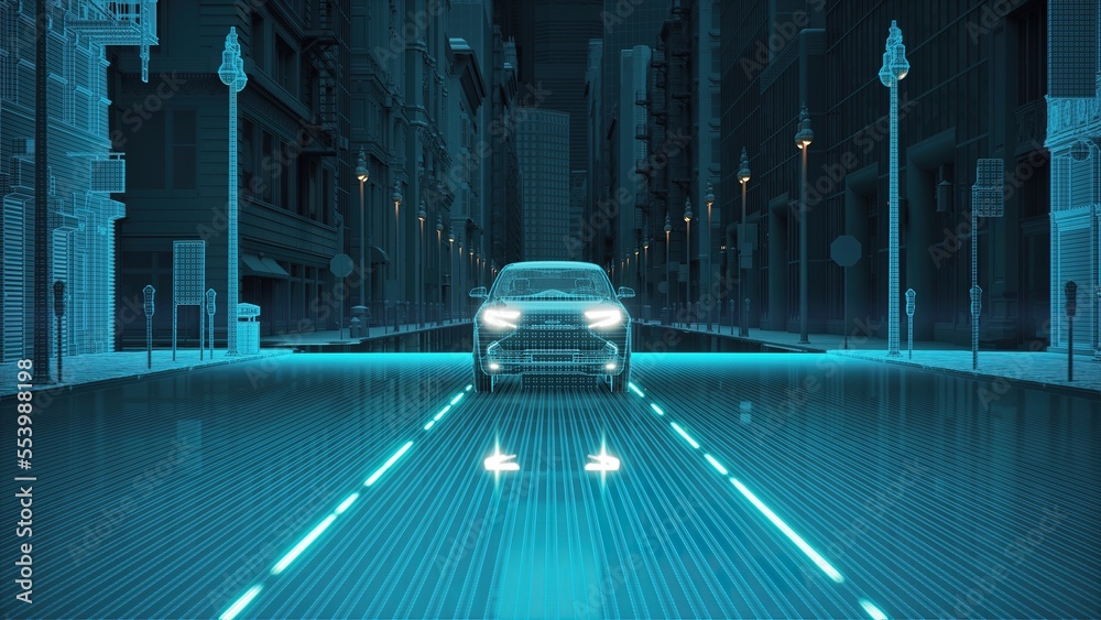 High Tech Autonomous Car Self Driving On Highway Emitting Signals ...