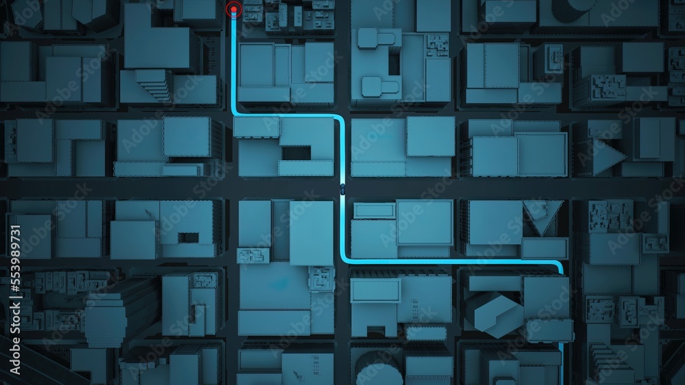 Virtual 3D GPS Map HUD Display of Driverless Car Navigating City ...