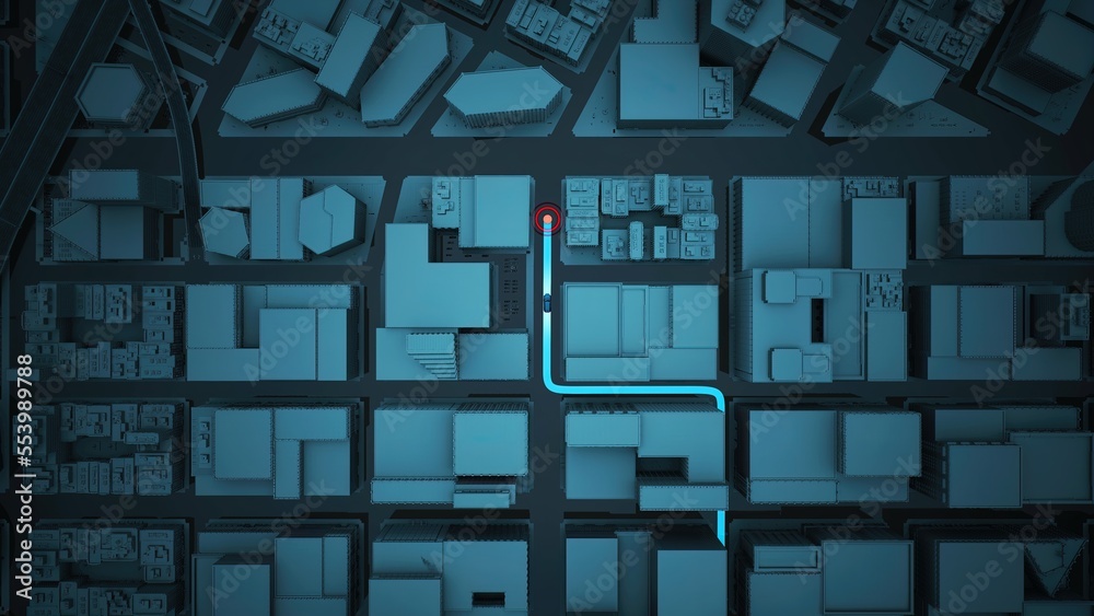 Virtual 3D GPS Map HUD Display of Driverless Car Navigating City ...