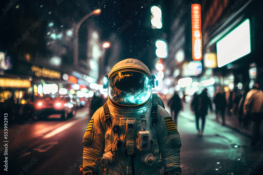 Astronaut standing at the city street in the night. Blurred motion ...