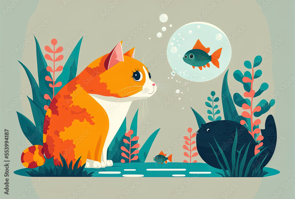 Cartoon symbol of a cute cat gazing at a fish. idea of an animal in ...