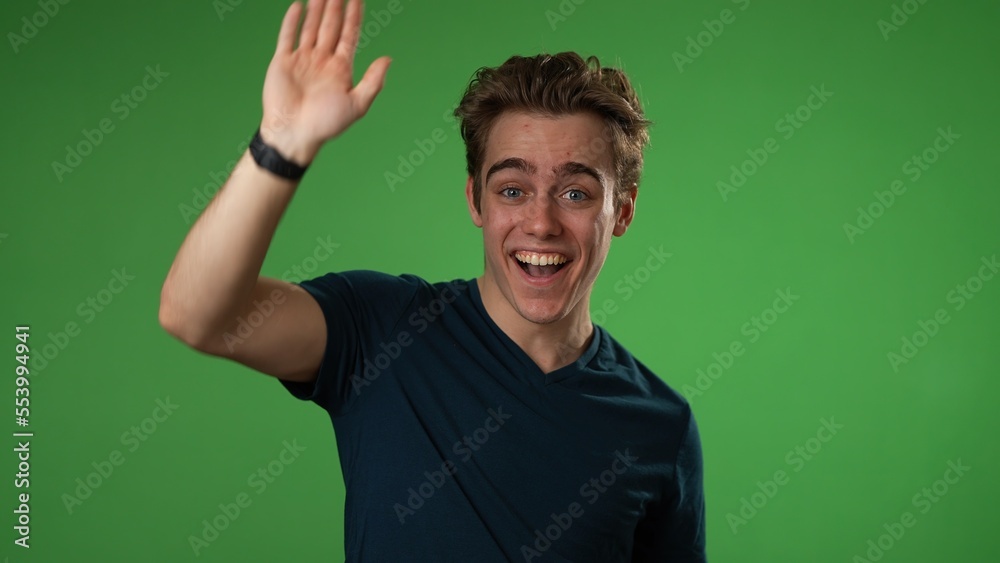 portrait of happy young man 20s smiling scream and shout calling ...