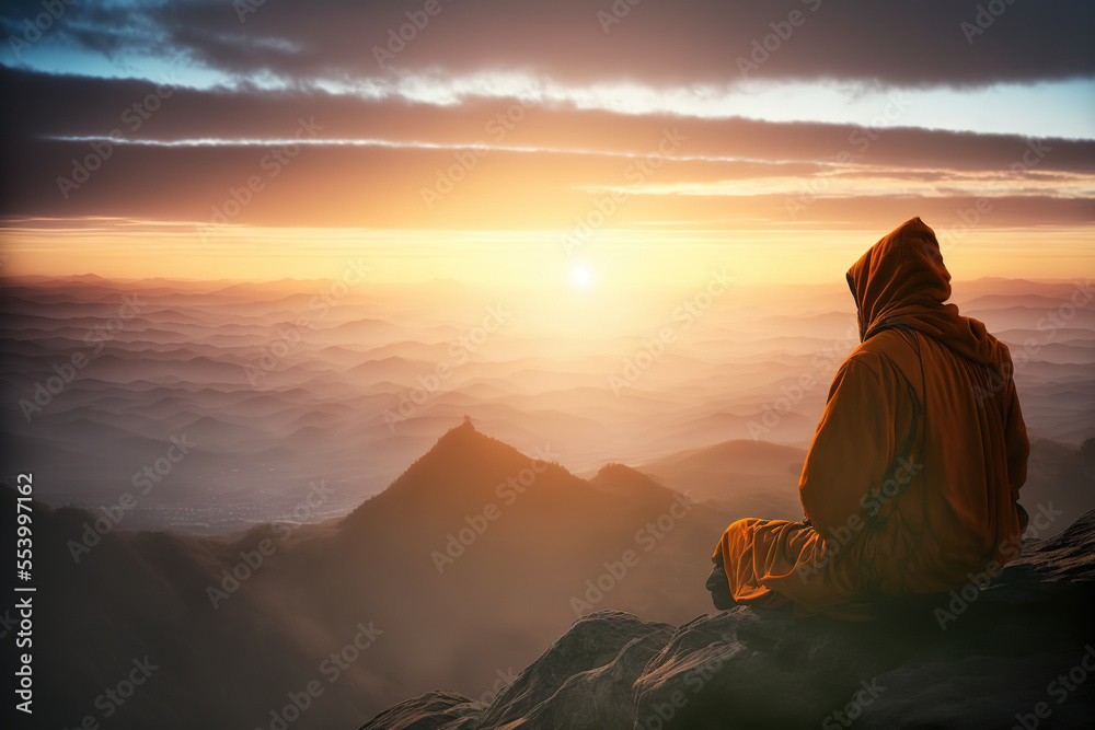 Meditation an peace with buddhist monk standing in lotus position on ...