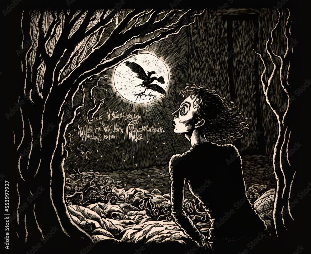 Horror drawing illustration of man looking at night sky, figurative ...