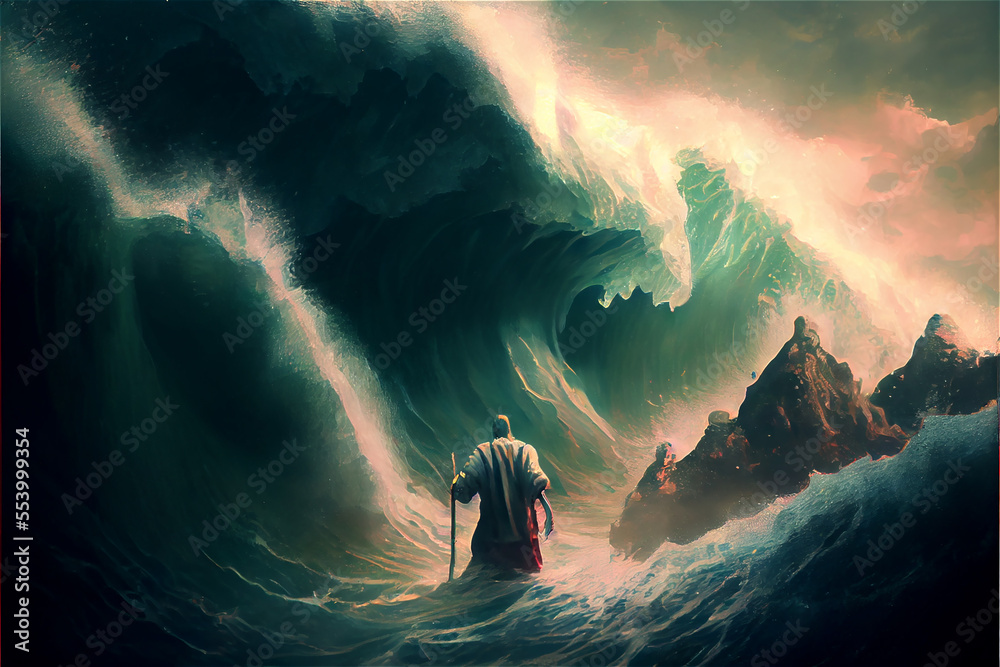 Moses like figure opening the red sea Stock Illustration | Adobe Stock