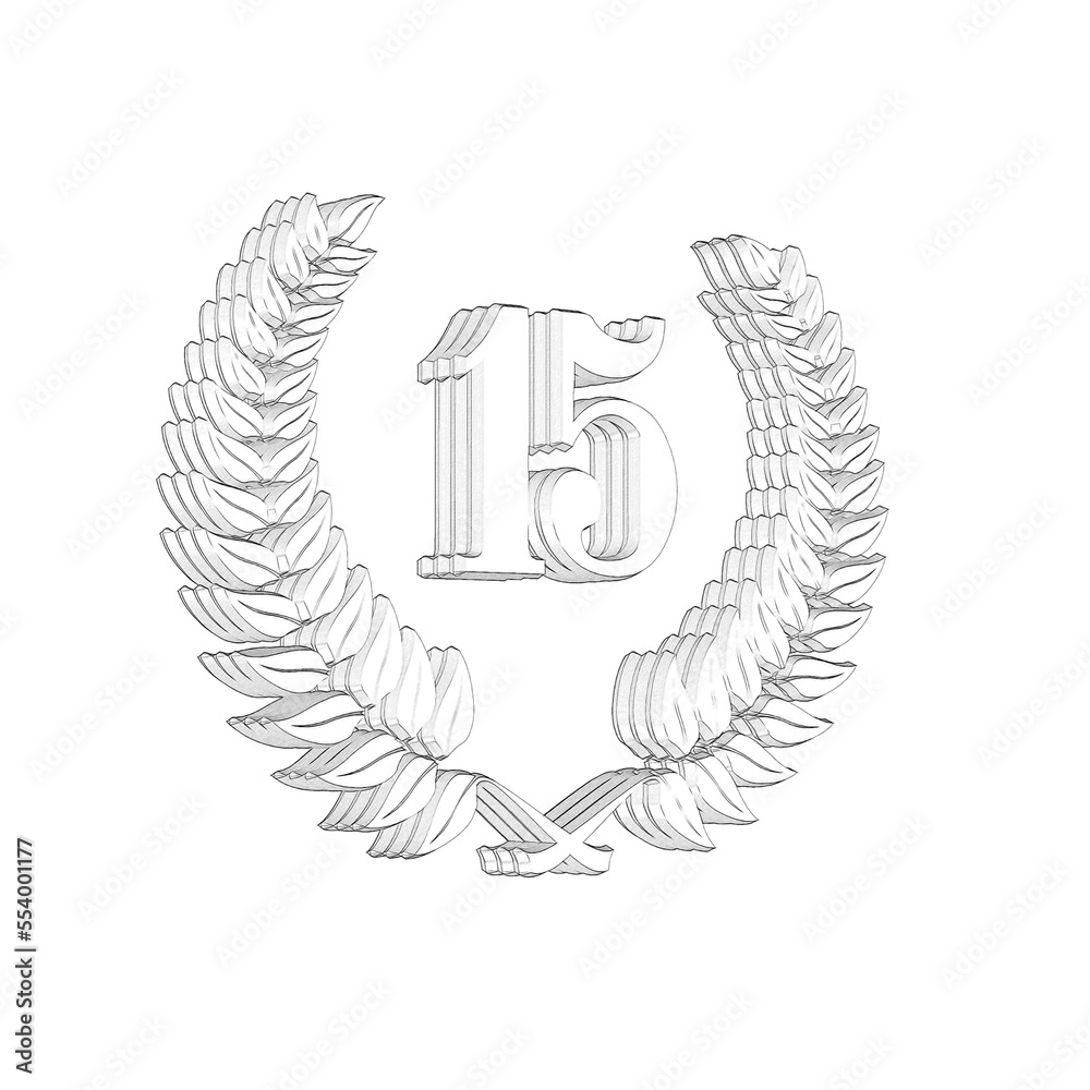 Zahl 15 mit Lorbeerkranz, Ehrenkranz, Siegerkranz als 3D-Illustration ...