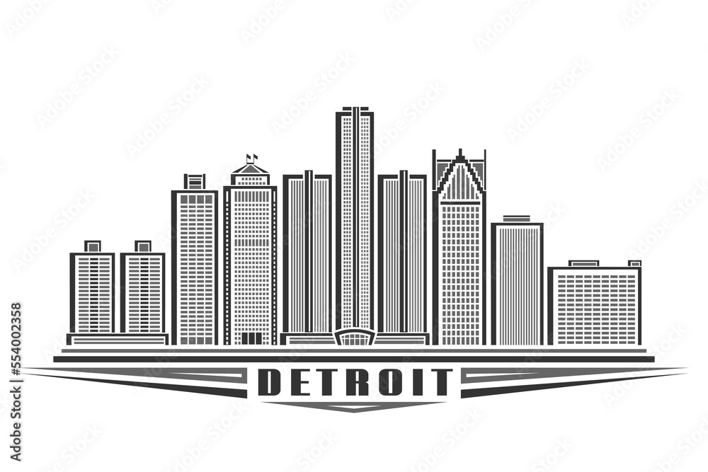 Vector illustration of Detroit, monochrome horizontal poster with ...
