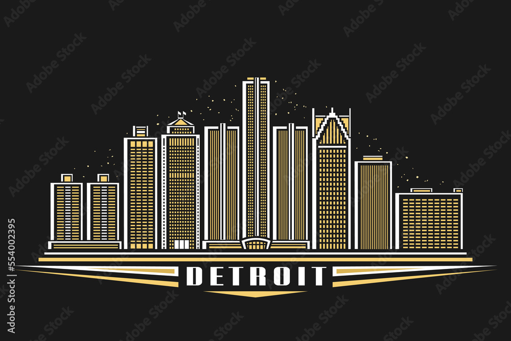 Vector illustration of Detroit, dark horizontal poster with linear ...