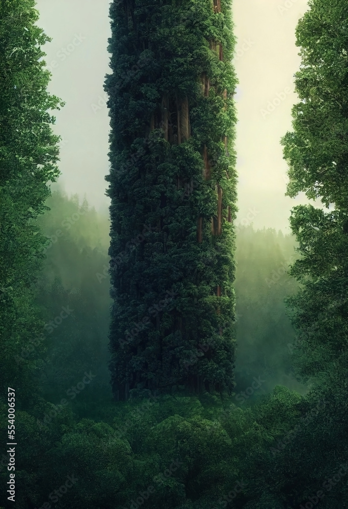 a giant tree city. City built in a tree. Forest city concept. Green ...
