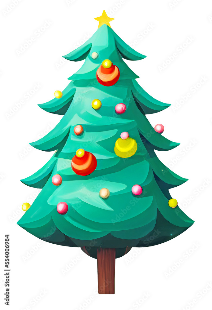 Cartoon decorated Christmas tree, digital illustration cut out Stock ...