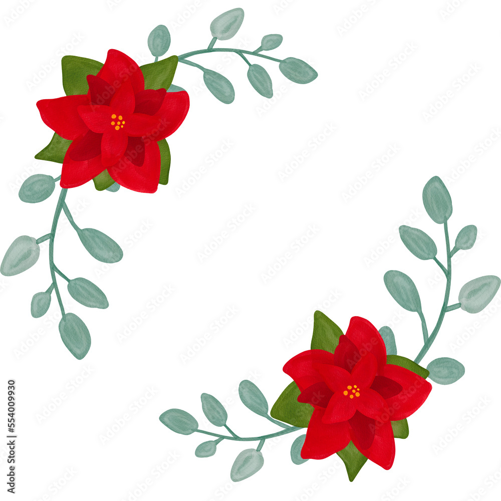 Watercolor Christmas floral wreath with poinsettia. Hand painted ...