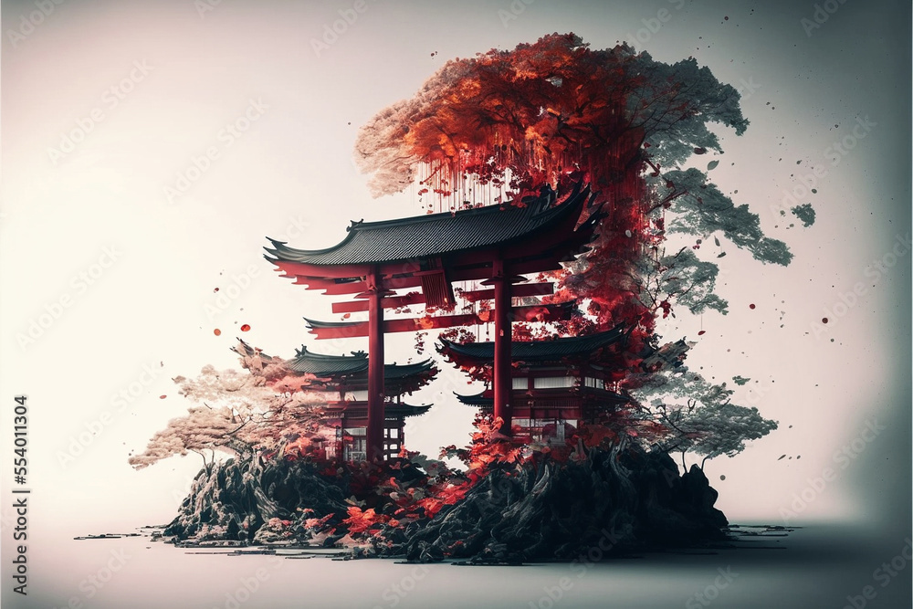 Shinto Shrine with red maple trees in Japan. Designed using Generative ...