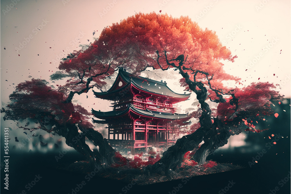 Shinto Shrine with red maple trees in Japan. Designed using Generative ...