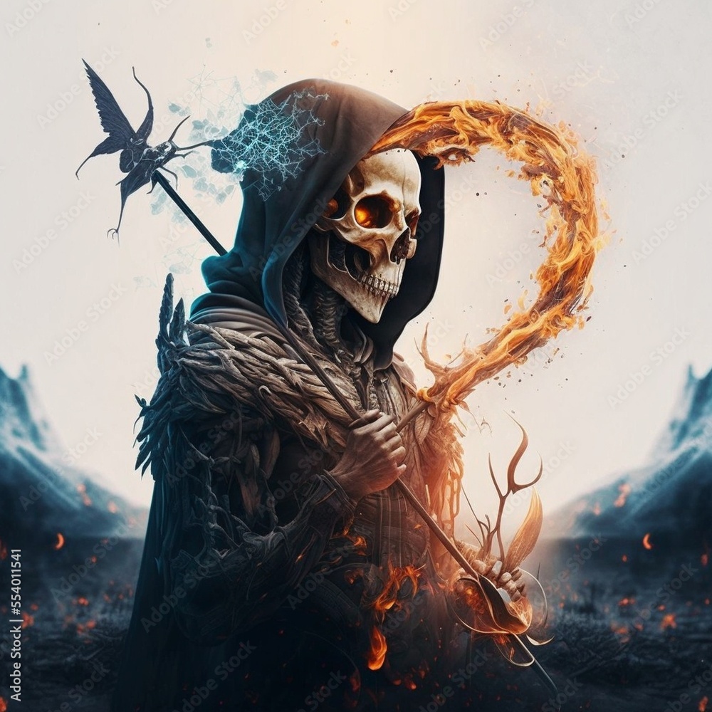 Concept of grim reaper with flames and scythe. Designed using ...